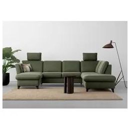 Wohnlandschaft Home Affaire "Trelleborg U-Form" Sofas Gr. B/H/T: 307cm x 86cm x 213cm, Feincord, Ottomane rechts, ohne Bettfunktion-ohne Stauraum, grün (olive) wahlweise mit Bettfunktion und Bettkasten, inkl. Federkern-Polsterung