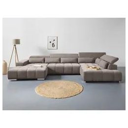 Wohnlandschaft COTTA "Orion U-Form" Sofas Gr. B/H/T: 409 cm x 73 cm x 225 cm, Chenille, Ottomane rechts-Recamiere links, grau (taupe) inkl. Kopfteilverstellung und Zierkissen