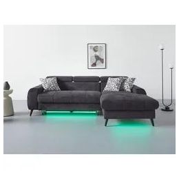 Ecksofa COTTA "Mia L-Form" Sofas Gr. B/H/T: 236cm x 74cm x 164cm, Chenille, Recamiere rechts, Mit Bettfunktion-mit Bettkasten-mit RGB-LED-Beleuchtung-mit Wireless Charger, schwarz 3-tlg.-Kissen-Set, Recamiere, wahlweise mit oder ohne RGB-Beleuchtung