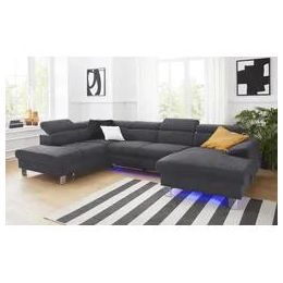 Wohnlandschaft COTTA "Komaris U-Form" Sofas Gr. B: 320 cm, Feinstruktur, Ottomane links, mit Bettfunktion-mit Bettkasten-mit RGB-LED-Beleuchtung-mit Kopfteilverstellung, grau (grey) inklusive Kopfteilverstellung, wahlweise mit Bettfunktion und RGB-LED