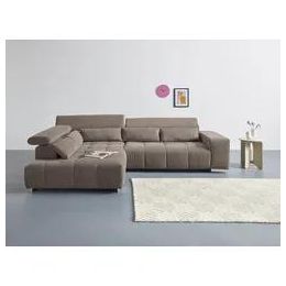 Ecksofa COTTA "Orion L-Form" Sofas Gr. B/H/T: 310cm x 70cm x 225cm, Chenille-Struktur, Ottomane links, grau (taupe) mit Ottomane, inklusive verstellbarer Kopfstützen und 5 Nierenkissen