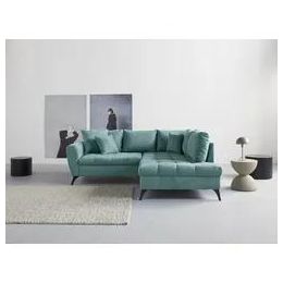 Ecksofa Inosign "Lörby L-Form" Sofas Gr. B/H/T: 224cm x 90cm x 191cm, Luxus-Microfaser weich, Ottomane rechts, Luxus Microfaser weich, blau (petrol) auch mit Aqua clean-Bezug, feine Steppung im Sitzbereich, lose Kissen