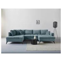 Wohnlandschaft Inosign "Lörby U-Form" Sofas Gr. B/H/T: 339 cm x 90 cm x 190 cm, Feincord, Ottomane links, Feincord, blau (blaugrau) Belastbarkeit bis 140kg pro Sitzplatz, auch mit Aqua clean-Bezug