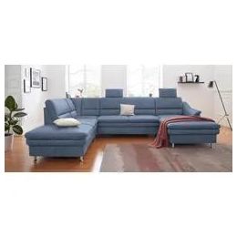 Sit & More Wohnlandschaft SIT & MORE "Cardoso U-Form" Sofas Gr. B/H/T: 324cm x 90cm x 90cm, Luxus-Microfaser ALTARA NUBUCK, Recamiere rechts, mit Relaxfunktion-mit Bettfunktion, blau mit Federkern und Kopfstützen, Bettfunktion Relaxfunktion