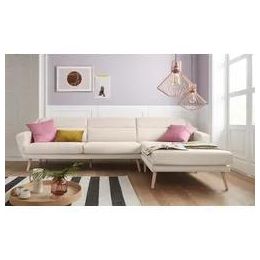 Ecksofa Andas "Bille L-Form" Sofas Gr. B/H/T: 302cm x 86cm x 178cm, Luxus-Microfaser weich, Recamiere rechts, beige mit Naht im Rückenkissen und Beinen aus Eichenholz