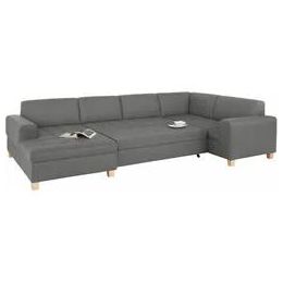 Wohnlandschaft Home Affaire "Corby U-Form" Sofas Gr. B/H/T: 333 cm x 80 cm x 199 cm, Struktur fein, Recamiere links, mit Bettfunktion-mit Bettkasten, grau (hellgrau) wahlweise mit Bettfunktion, Steppung auf Sitzfläche