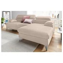 Ecksofa COTTA "Caluso L-Form" Sofas Gr. B/H/T: 254cm x 74cm x 167cm, Microfaser PRIMABELLE, Recamiere rechts, mit Bettfunktion-mit Bettkasten-mit Kopfteilverstellung, beige inklusive Kopfteilverstellung, wahlweise mit Bettfunktion