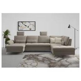 Wohnlandschaft Inosign "Palm Beach U-Form" Sofas Gr. B/H/T: 347 cm x 89 cm x 224 cm, Chenille-Optik, mega-Recamiere links, mit Sitztiefenverstellung-ohne Bettfunktiom-ohne Stauraum-ohne Armteilverstellung, braun (latte) Federkern, mit Sitztiefenverstellung, wahlweise Bettfunktion