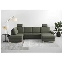 Wohnlandschaft Home Affaire "Summer U-Form" Sofas Gr. B/H/T: 314 cm x 91 cm x 170 cm, Feincord, Recamiere rechts, ohne Bettfunktion-ohne Bettkasten-ohne Federkern, grün (olive) mit oder ohne Bettfunktion und Bettkasten, Cord-Bezug