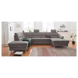 Sit & More Wohnlandschaft SIT & MORE "Cardoso U-Form" Sofas Gr. B/H/T: 324cm x 90cm x 90cm, Luxus-Microfaser 1, Recamiere rechts, mit Relaxfunktion-mit Bettfunktion, grau mit Federkern und Kopfstützen, Bettfunktion Relaxfunktion