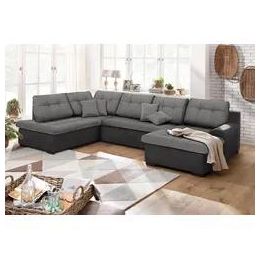 Wohnlandschaft Home Affaire "Föhr U-Form" Sofas Gr. B/H/T: 310 cm x 75 cm x 200 cm, Microfaser PRIMABELLE-Webstoff, Recamiere rechts, mit Bettfunktion, grau (hellgrau) wahlweise mit Bettfunktion