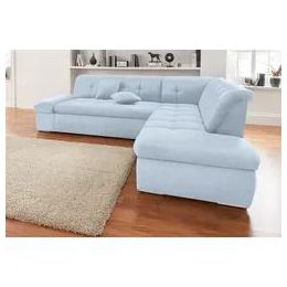 Ecksofa DOMO collection "NMoric incl. Zierkissen B/T/H: 273/216/80 cm L-Form" Sofas Gr. B/H/T: 273cm x 80cm x 216cm, Chenilleoptik, Ottomane rechts, mit Bettfunktion-mit Armlehnenverstellung, blau (pastelblau) Ottomanen-Abschluss, wahlweise mit Bettfunktion und Armlehnverstellung