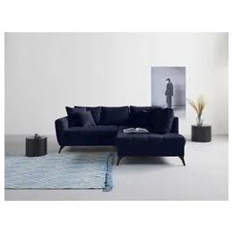 Ecksofa Inosign "Lörby L-Form" Sofas Gr. B/H/T: 224 cm x 90 cm x 191 cm, Struktur weich, Ottomane rechts, Struktur weich, blau (dunkelblau) auch mit Aqua clean-Bezug, feine Steppung im Sitzbereich, lose Kissen