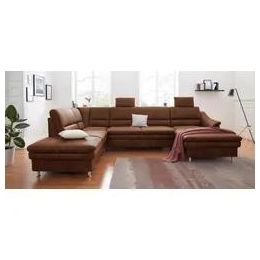 Sit & More Wohnlandschaft SIT & MORE "Cardoso U-Form" Sofas Gr. B/H/T: 324cm x 90cm x 90cm, Luxus-Microfaser 2, Recamiere rechts, mit Relaxfunktion-mit Bettfunktion, braun (cognac) mit Federkern und Kopfstützen, Bettfunktion Relaxfunktion