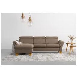 Ecksofa Home Affaire "Lindgren L-Form" Sofas Gr. B/H/T: 258cm x 84cm x 169cm, Luxus-Microfaser Florence, Recamiere links, mit Bettfunktion mit einklappbaren Rollen-mit Bettkasten-mit Kopfteilverstellung-ohne Relaxfunktion motorisch im Recamiere-mit Federkern, braun (nuss) wahlweise mit Bett klappbaren Rollen, Kasten und Kopfverstellung