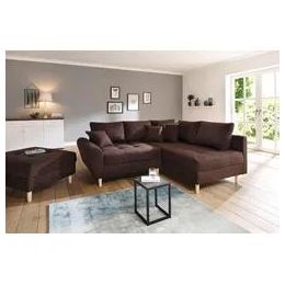 Ecksofa Home Affaire "Rice L-Form" Sofas Gr. B/H/T: 223cm x 47cm x 184cm, Microfaser PRIMABELLE, Ottomane beidseitig montierbar, braun (dunkelbraun) mit Bonnellfederkern, Hocker & Kissen, Ottomane beidseitig montierbar