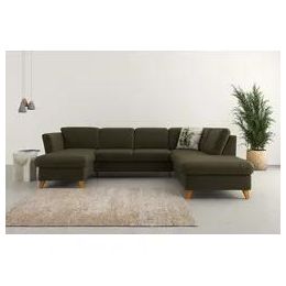 Wohnlandschaft Home Affaire "Trelleborg U-Form" Sofas Gr. B/H/T: 307cm x 86cm x 213cm, Struktur, Ottomane rechts, ohne Bettfunktion-ohne Stauraum, grün (olive) Federkern-Polsterung, wahlweise mit Bettfunktion und Stauraum