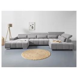 Wohnlandschaft COTTA "Orion U-Form" Sofas Gr. B/H/T: 409 cm x 73 cm x 225 cm, Chenille, Ottomane rechts-Recamiere links, grau (grey) inkl. Kopfteilverstellung und Zierkissen