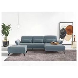 Ecksofa Inosign "Coco L-Form" Sofas Gr. B/H/T: 284 cm x 88 cm x 196 cm, Breitcord, mega-Recamiere rechts, mit Sitztiefenverstellung-mit Armteilverstellung-mit Kopfteilverstellung-ohne Federkern, blau (blau, grau) Sitztiefen-, Arm- und Kopfteilverstellung, Cord-Bezug, Fußhöhe 15 cm