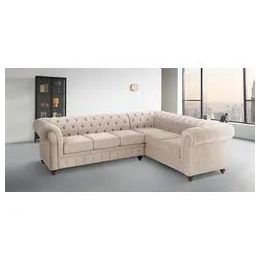 Chesterfield-Sofa Home Affaire "Chesterfield Ecksofa, auch in Leder L-Form" Sofas Gr. B/H/T: 250cm x 74cm x 210cm, Luxus-Microfaser weich, langer Schenkel links, beige (creme) hochwertige Knopfheftung, langer Schenkel links oder rechts wählbar