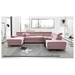 Wohnlandschaft DOMO collection "Mira U-Form" Sofas Gr. B/H/T: 337cm x 78cm x 230cm, Luxus-Microfaser, Recamiere links, mit Kopfteilverstellung-mit Bettfunktion, rosa (flamingo) wahlweise mit Bettfunktion und Bettkasten