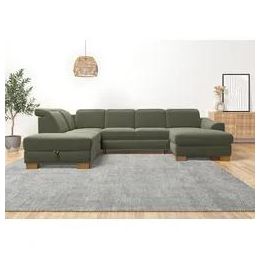 Wohnlandschaft Home Affaire "Dundee U-Form" Sofas Gr. B/H/T: 338 cm x 86 cm x 219 cm, Flachgewebe, Ottomane links, mit Bettfunktion-mit Stauraum-mit Kopfteilverstellung, grün wahlweise mit Kopfteilverstellung und zusätzlich Bettfunktion