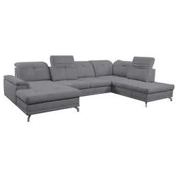 Wohnlandschaft WERK2 "Basel U-Form" Sofas Gr. B/H/T: 346cm x 105cm x 218cm, Struktur weich, Recamiere links, Schlaffunktion, Bettkasten, verstellbare Kopfteile, Sitztiefenverstellung, grau Großes U-Sofa mit Schlaffunktion, Sitztiefe & Kopfteil verstellbar