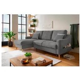 Ecksofa Inosign "Valentina L-Form", grau (dunkelgrau), B:228cm H:94cm T:150cm, 95% Polyester, 5% Nylon, Sofas, 2 Zierkissen, mit Seitentasche, ausziehbarer Liegefläche, Bettkasten