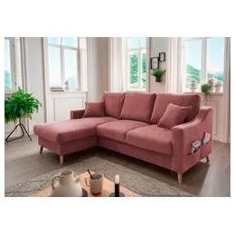 Ecksofa Inosign "Valentina L-Form" Sofas Gr. B/H/T: 228cm x 94cm x 150cm, Struktur, Recamiere links-Bettfunktion rechts, rosa (pastellrosa) 2 Zierkissen, mit Seitentasche, ausziehbarer Liegefläche, Bettkasten