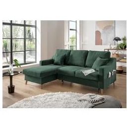 Ecksofa Inosign "Valentina L-Form" Sofas Gr. B/H/T: 228cm x 94cm x 150cm, Cord, Recamiere links-Bettfunktion rechts, grün (moosgrün) 2 Zierkissen, mit Seitentasche, ausziehbarer Liegefläche, Bettkasten