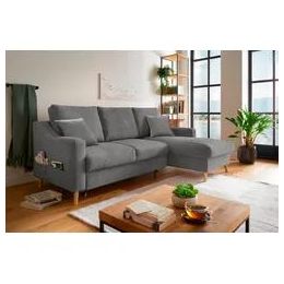 Ecksofa Inosign "Valentina L-Form", grau (dunkelgrau), B:228cm H:94cm T:150cm, 95% Polyester, 5% Nylon, Sofas, 2 Zierkissen, mit Seitentasche, ausziehbarer Liegefläche, Bettkasten