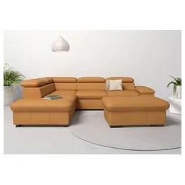 Ecksofa Home Affaire Sofas Gr. B/H/T: 272cm x 73cm x 226cm, NaturLEDER, Ottomane links, ohne Bettfunktion, gelb (curry) mit Kopfteilverstellung, wahlweise Bettfunktion