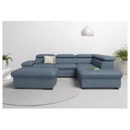 Ecksofa Home Affaire "Alberto L-Form" Sofas Gr. B/H/T: 272cm x 73cm x 226cm, NaturLEDER-Stoff, Ottomane rechts, ohne Bettfunktion, blau (graublau) mit Kopfteilverstellung, wahlweise Bettfunktion