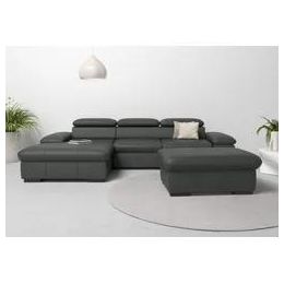 Ecksofa Home Affaire "Alberto L-Form" Sofas Gr. B/H/T: 286cm x 73cm x 174cm, NaturLEDER-NaturLEDER, Recamiere links, mit Bettfunktion-Bett mit Leder bezogen, grau (anthrazit) wahlweise mit Bettfunktion, inkl. Kopfteilverstellung, Recamiere