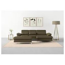 Sit & More Ecksofa SIT & MORE "Cabrio L-Form" Sofas Gr. B/H/T: 295cm x 87cm x 180cm, NaturLEDER, Recamiere rechts, mit Bettfunktion-mit Bettkasten-mit Sitztiefenverstellung-mit Kopfteilverstellung-mit Armteilfunktion-mit 2 Nierenkissen-Bett mit Leder bezogen, grün (olive) mit Sitztiefen- und Armteilverstellung sowie Federkern, 2 Nierenkissen