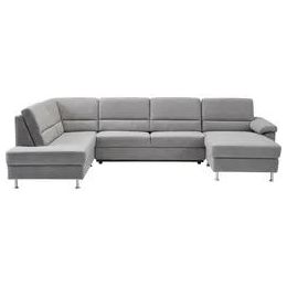 Wohnlandschaft CALIZZA INTERIORS "Onyx U-Form" Sofas Gr. B/H/T: 335cm x 90cm x 196cm, Microfaser, Recamiere rechts, mit Bettfunktion und Bettkasten, silberfarben (32 silber) wahlweise mit Bettfunktion und Bettkasten