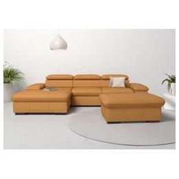 Ecksofa Home Affaire "Alberto L-Form" Sofas Gr. B/H/T: 286cm x 73cm x 174cm, NaturLEDER-NaturLEDER, Recamiere links, mit Bettfunktion-Bett mit Leder bezogen, gelb (curry) wahlweise mit Bettfunktion, inkl. Kopfteilverstellung, Recamiere