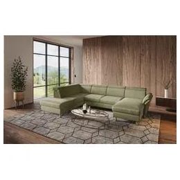 Wohnlandschaft Home Affaire "Calypso U-Form" Sofas Gr. B/H/T: 334 cm x 85 cm x 227 cm, Flachgewebe, Ottomane links, mit Kopfteilverstellung-mit Armteilverstellung-mit Bett-ohne Bettkasten-mit Relax motorisch-mit Stauraum, grün wahlweise mit motorischer Relaxfunktion