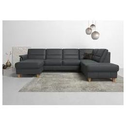 Wohnlandschaft Home Affaire "Palmera U-Form" Sofas Gr. B/H/T: 308 cm x 89 cm x 212 cm, Material, Ottomane rechts, ohne Bettfunktion-ohne Bettkasten-Rücken Spannstoff, schwarz Federkern, wahlweise mit Bettfunktion und mitohne Stauraum