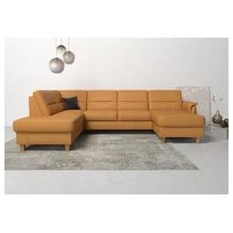 Wohnlandschaft Home Affaire "Palmera U-Form" Sofas Gr. B/H/T: 308 cm x 89 cm x 212 cm, Material, Ottomane links, ohne Bettfunktion-ohne Bettkasten-Rücken Spannstoff, gelb (curry) Federkern, wahlweise mit Bettfunktion und mitohne Stauraum