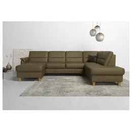 Wohnlandschaft Home Affaire "Palmera U-Form" Sofas Gr. B/H/T: 308 cm x 89 cm x 212 cm, NaturLEDER, Ottomane rechts, ohne Bettfunktion-ohne Bettkasten, grün (olive) Federkern, wahlweise mit Bettfunktion und mitohne Stauraum