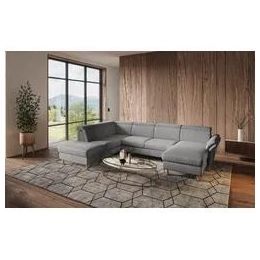 Wohnlandschaft Home Affaire "Calypso U-Form" Sofas Gr. B/H/T: 334 cm x 85 cm x 227 cm, Struktur, Ottomane links, mit Kopfteilverstellung-mit Armteilverstellung-mit Bett-ohne Bettkasten-mit Relax motorisch-mit Stauraum, grau wahlweise mit motorischer Relaxfunktion