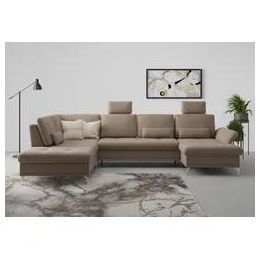 Wohnlandschaft Inosign "Palm Beach U-Form" Sofas Gr. B/H/T: 347 cm x 89 cm x 224 cm, Olympia EASY CLEAN, mega-Recamiere rechts, mit Sitztiefenverstellung-mit Bettfunktiom-mit Stauraum-mit Armteilverstellung, grau (taupe) Federkern, mit Sitztiefenverstellung, wahlweise Bettfunktion