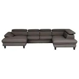 Wohnlandschaft Home Affaire "Pilot U-Form" Sofas Gr. B/T: 331cm x 108cm, Leder, Ottomane rechts-Recamiere links, Mit Kopfteilverstellung-ohne Bettfunktion-ohne Bettkasten, braun (cacao) mit Kopfteilverstellung, wahlweise Bettfunktion und Bettkasten