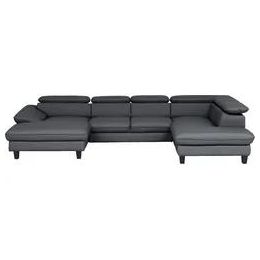 Wohnlandschaft Home Affaire "Pilot U-Form" Sofas Gr. B/T: 331cm x 108cm, Leder, Ottomane rechts-Recamiere links, Mit Kopfteilverstellung-ohne Bettfunktion-ohne Bettkasten, grau (fango) mit Kopfteilverstellung, wahlweise Bettfunktion und Bettkasten