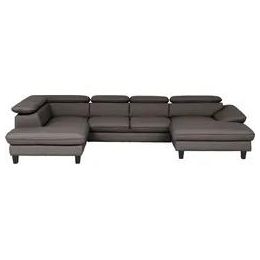 Wohnlandschaft Home Affaire "Pilot U-Form" Sofas Gr. B/T: 331cm x 108cm, Leder, Ottomane links-Recamiere rechts, Mit Kopfteilverstellung-ohne Bettfunktion-ohne Bettkasten, braun (cacao) mit Kopfteilverstellung, wahlweise Bettfunktion und Bettkasten