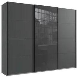 Schwebetürenschrank wimex "Norderstedt" Schränke Gr. B/H/T: 270cm x 236cm x 64cm, 3 St., grau (graphit/ glas grey) INKLUSIVE 2 Stoffboxen und zusätzliche Einlegeböden, mit Glastür