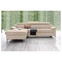 Ecksofa exxpo - SOFA FASHION "Florenz, aktuelles Design, komfortabler Sitz und bequemen Armlehnen" Sofas Gr. B/H/T: 254cm x 97cm x 98cm, Naturleder MADRAS, Recamiere links, ohne Bettfunktion, beige (perle) mit Kopfteilverstellung, wahlweise Bettfunktion, L-Form