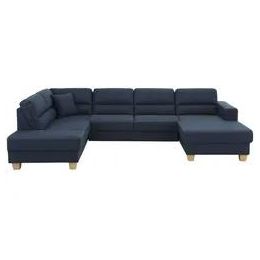 Wohnlandschaft Home Affaire "Navan, U-Form" Sofas Gr. B/H: 313cm x 85cm, Struktur, Recamiere rechts, ohne Kopfstützen-ohne Bettfunktion, blau Wohnlandschaft Sofas wahlweise mit Bettfunktion und Kopfstütze