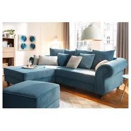 Ecksofa Home Affaire "King George King Henry, L-Form" Sofas Gr. B/H/T: 260cm x 90cm x 190cm, Samtstoff, Recamiere links, blau (petrol) mit Federkern, in legerer Polsterung und vielen Kissen